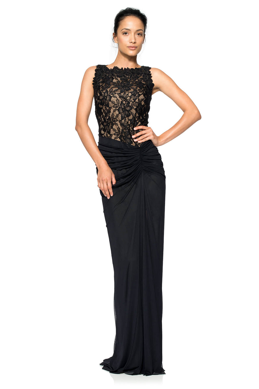 Lace and Draped Tulle Boatneck Gown – Tadashi Shoji Official Online ...